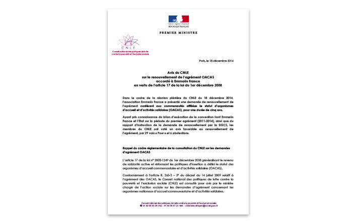 18 décembre 2014 : Avis du CNLE sur le renouvellement de l’agrément ...